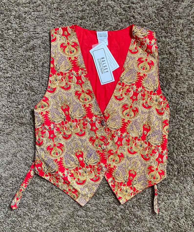 1990's Beaded Paisley Vest, Red Gold Cotton Boho Waistcoat (new With ...