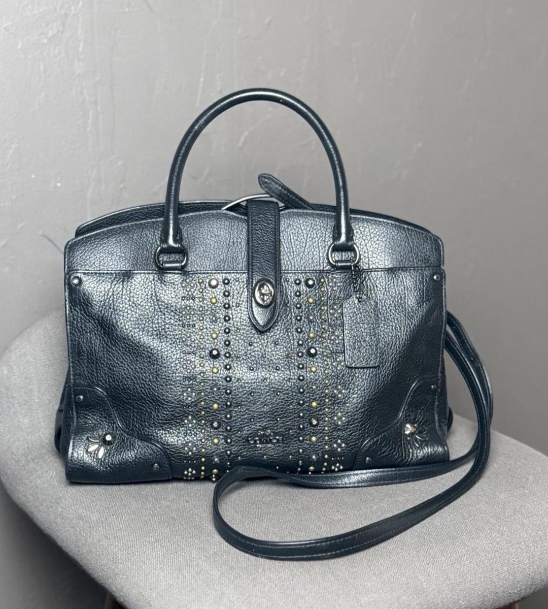 Coach Mercer 30 Bag With Bandana Rivets Black Pebbled Leather Crossbody ...