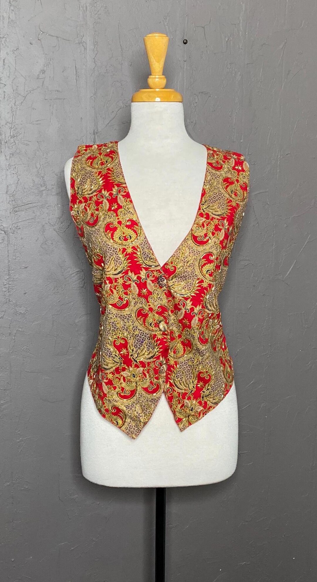 1990's Beaded Paisley Vest, Red Gold Cotton Boho Waistcoat (new With ...
