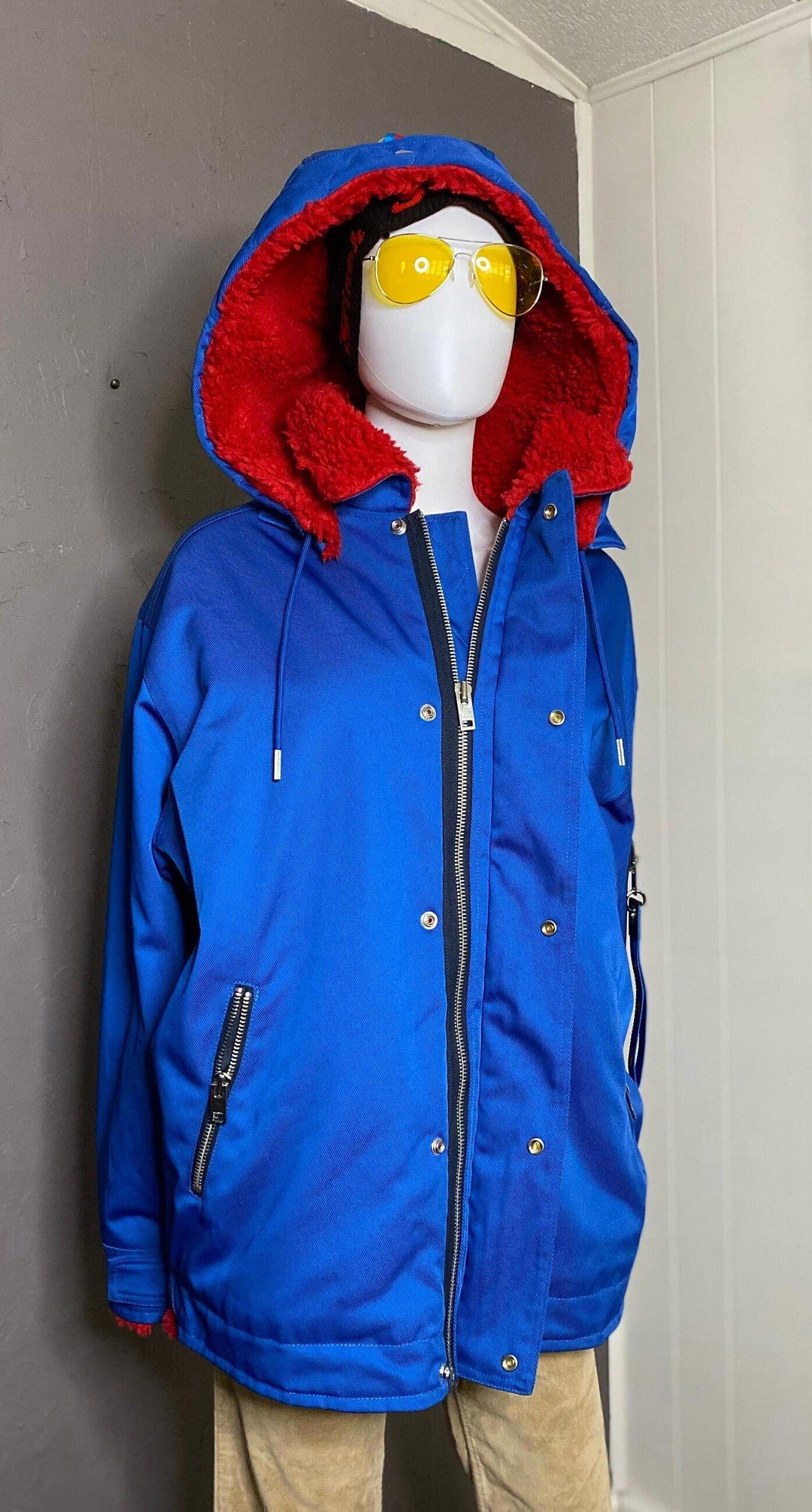 DIESEL Ski Parka Blue With Red Furry Lining and Removable Hood Size M/L ...
