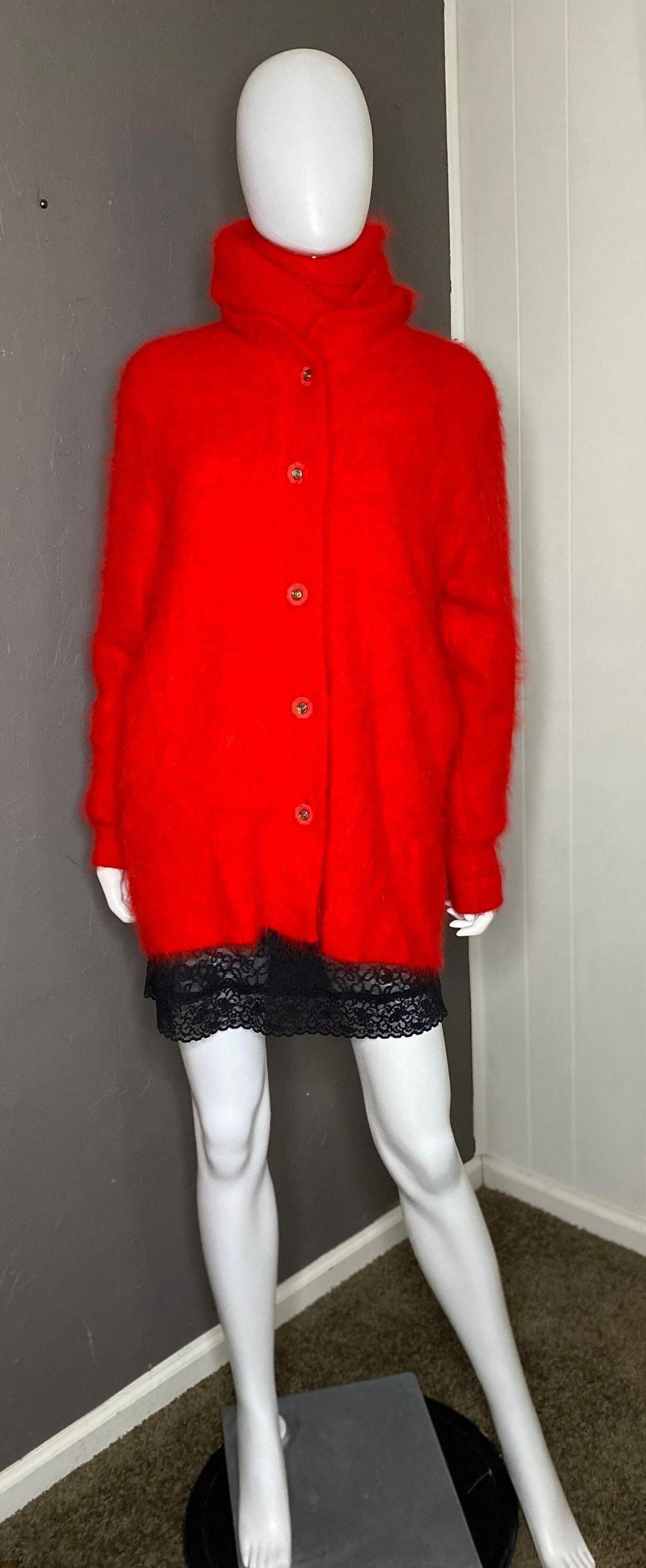 1980's Red Angora Jacket + Detachable Scarf Size S/M Fuzzy 2 Piece ...