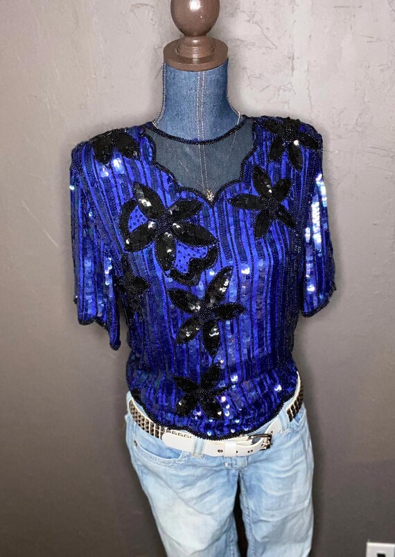1980's Blue and Black Sequin and Beaded Top Disco Flo… - Gem