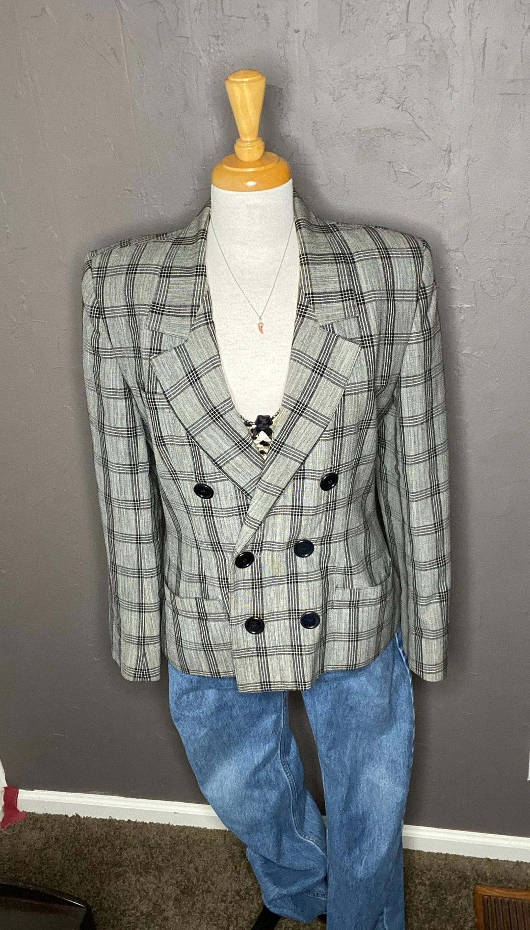 Anne Klein 2 80s Window Pane Check Blazer Double Breasted Wool Linen ...