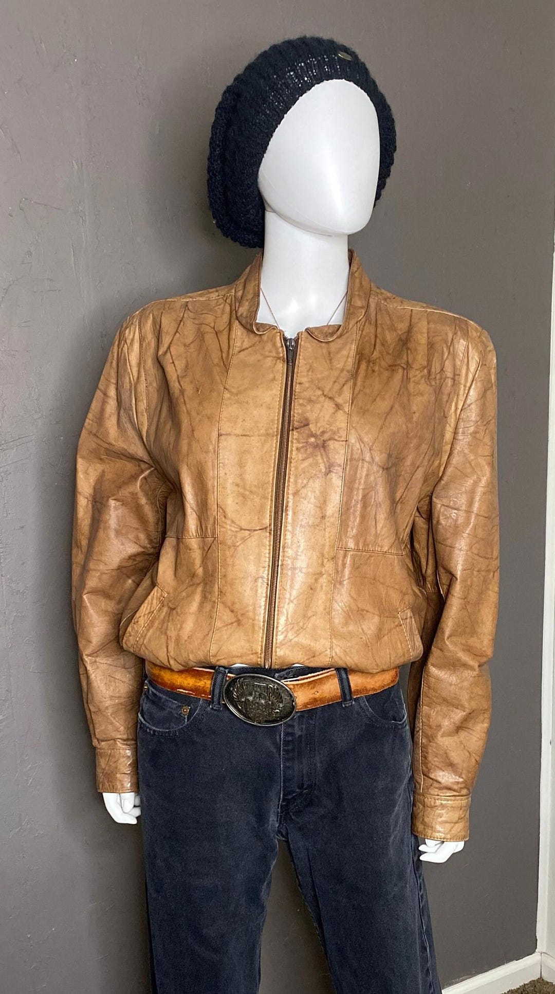 1970's-80's Tan Distress Dyed Leather Bomber Jacket From Pielcuero Size ...