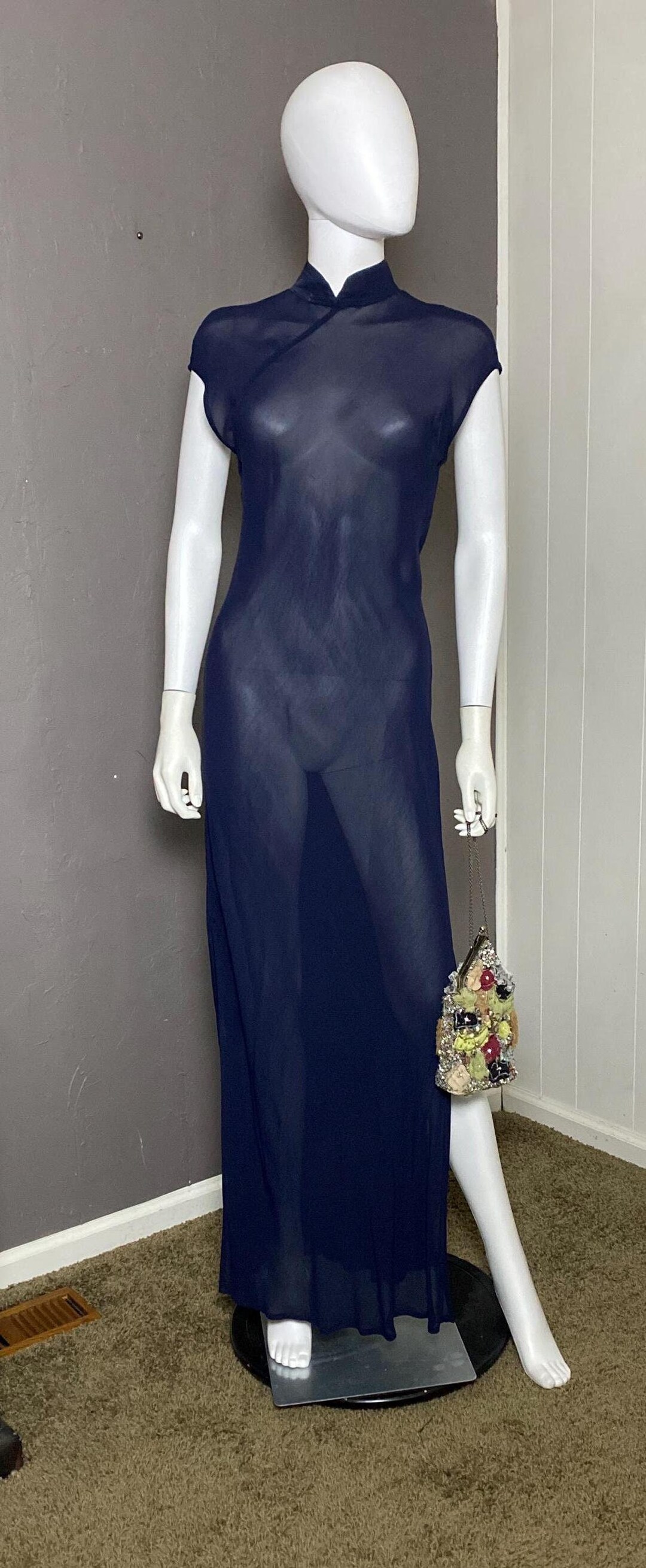 1990's Does 1930's Sheer Navy Cheongsam Dress Bias Cut Small Large Fit ...