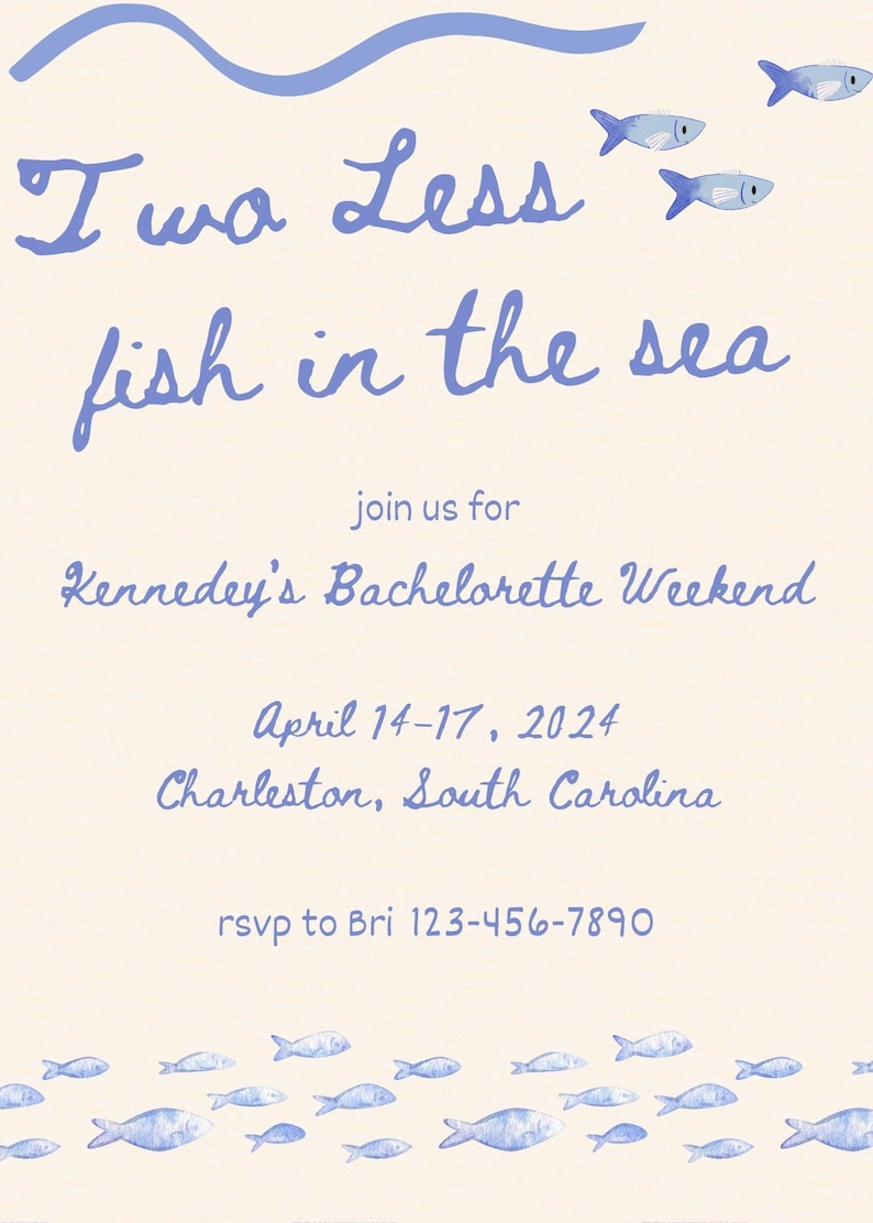 Two Less Fish in the Sea Bachelorette Invitation | One Less Fish in the ...