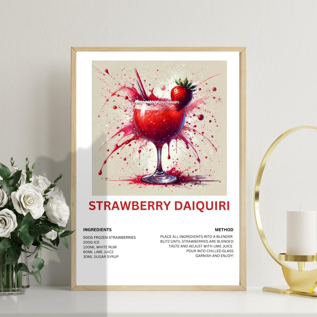 Recipe Poster, Strawberry Daiquiri Cocktail Wall Art, Kitchen Décor ...