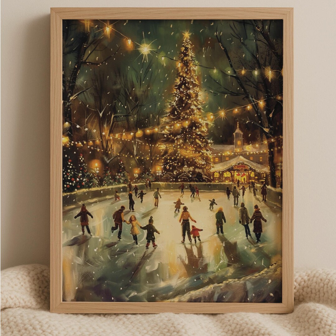 Vintage Christmas Ice Skating Rink, Wall Art Printable, Holiday Winter ...