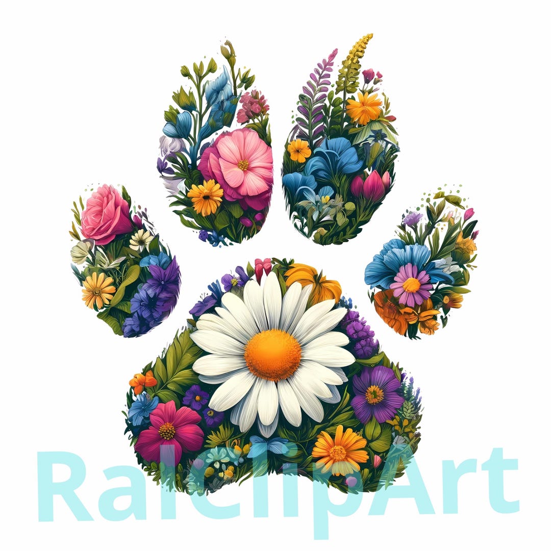 Watercolor Floral Paw Prints Clipart, 15 High Quality Pngs, Dog Paw ...