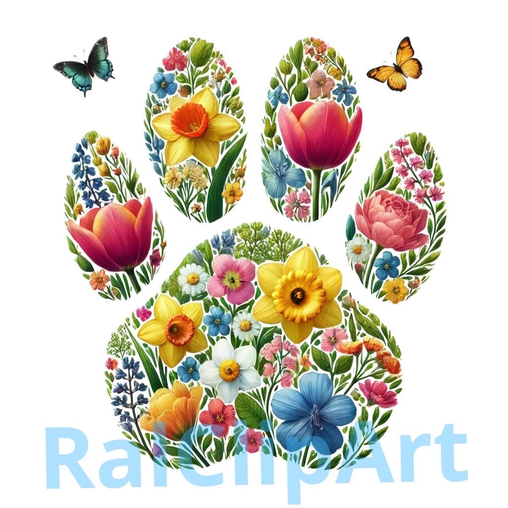 Floral Paw Prints Clipart, 18 High Quality Pngs, Dog Paw, Flowers Paw ...