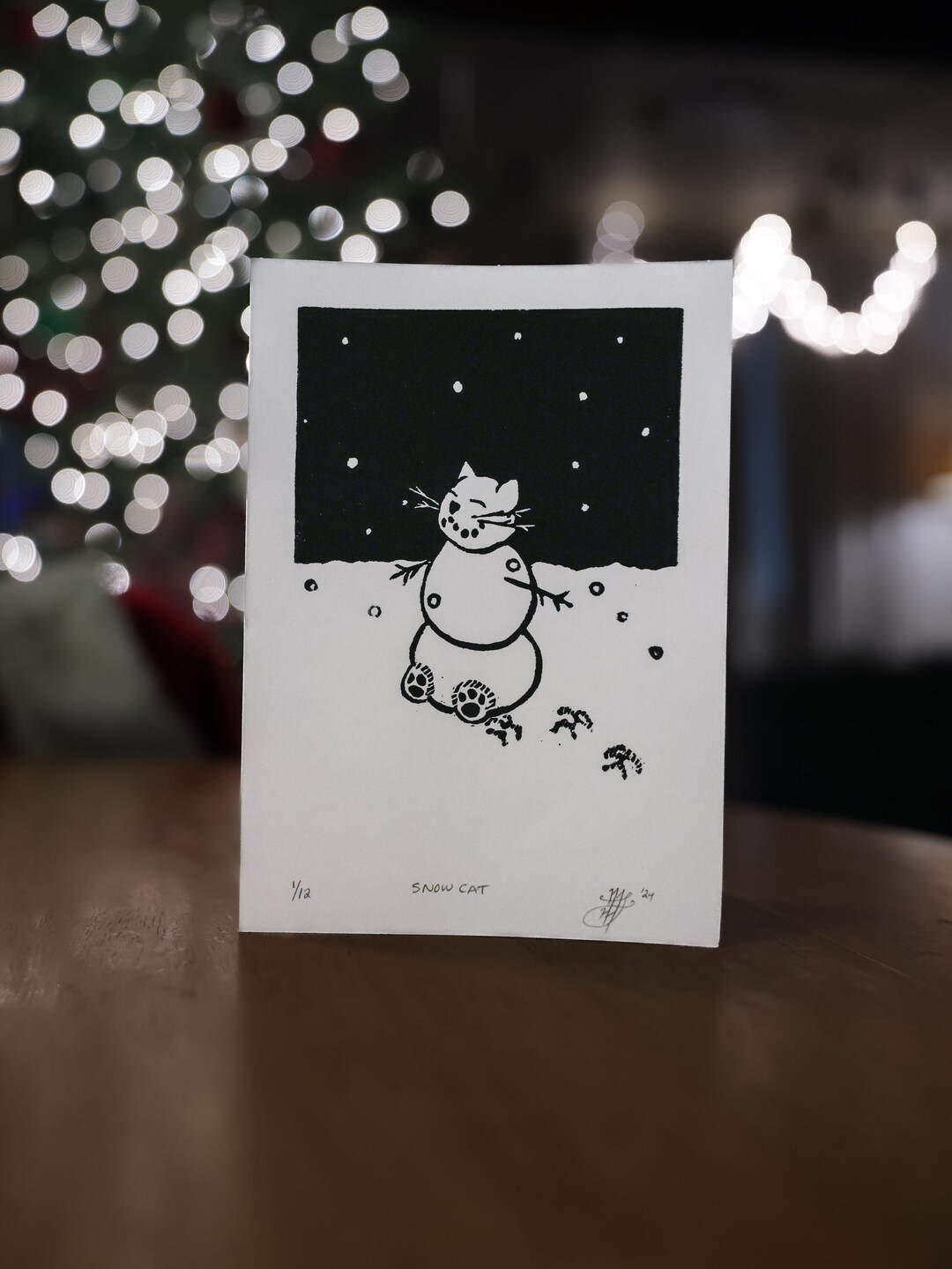 Hand Made Linocut Snow Cat Card Perfect for Winter Bithdays, and ...