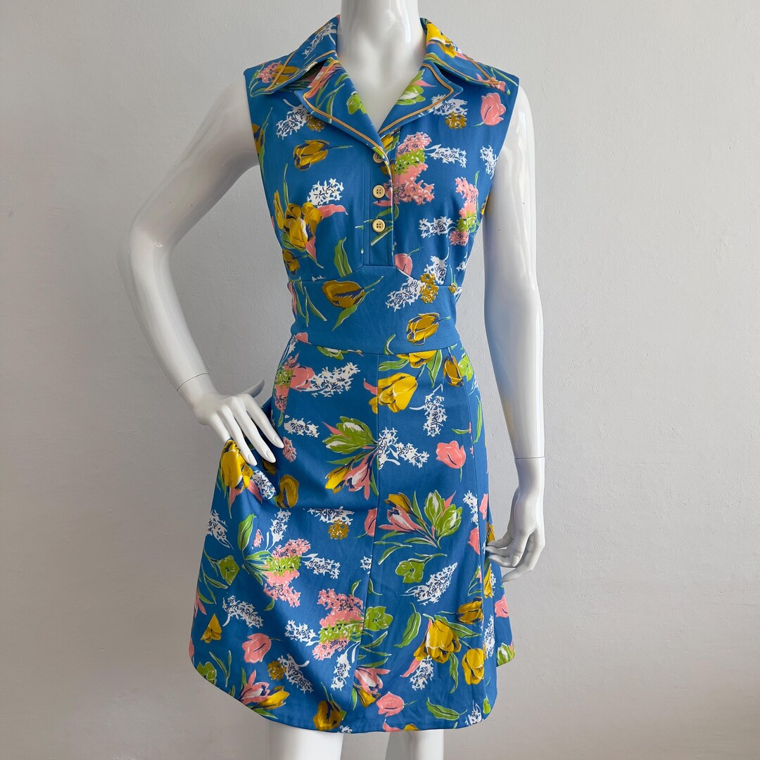 Vintage 70s Blue Floral Dress-retro Fit and Flare Dress-sleeveless ...