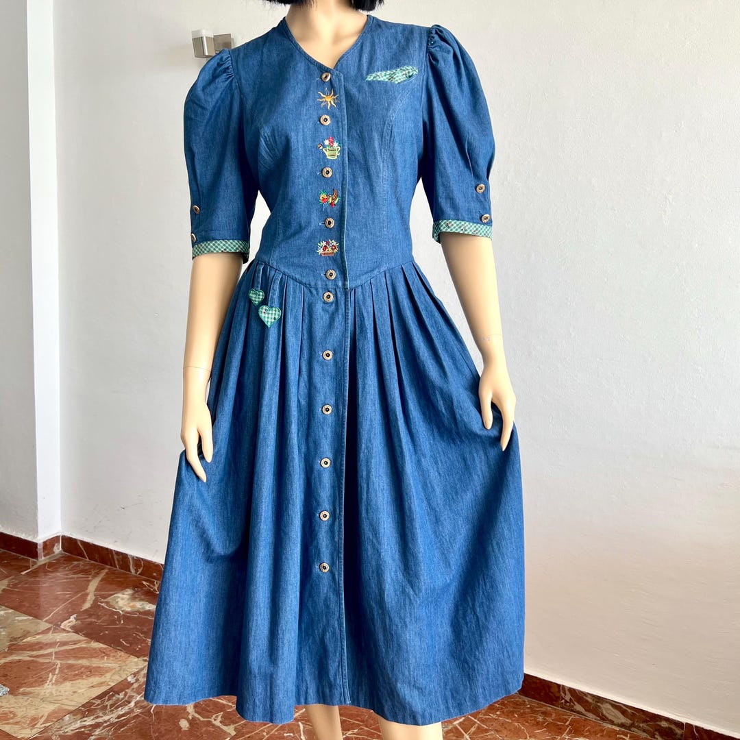 1980s Puff Sleeves Denim Dirndl Dress-bavarian Oktoberfest Dress ...