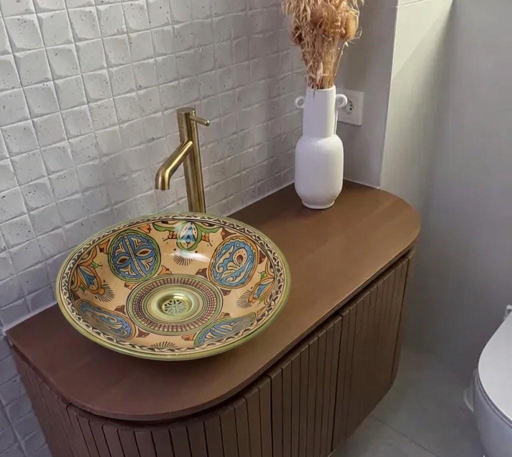Round Ceramic Sink: Moroccan Terracotta Washbasin With Blue & Yellow ...