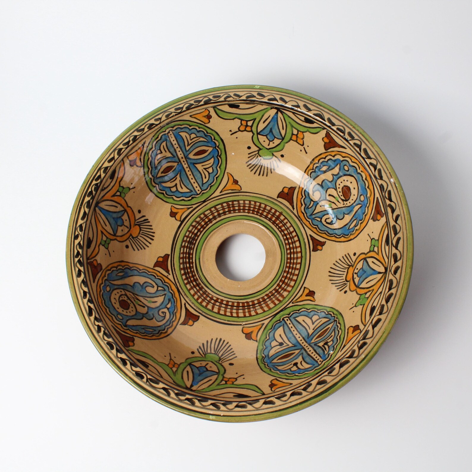 Round Ceramic Sink: Moroccan Terracotta Washbasin With Blue & Yellow ...