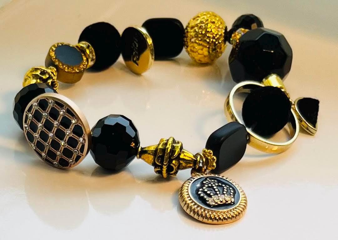Black & Gold Charm Bracelet: 'faith', Crown, Velvet Fan - Etsy