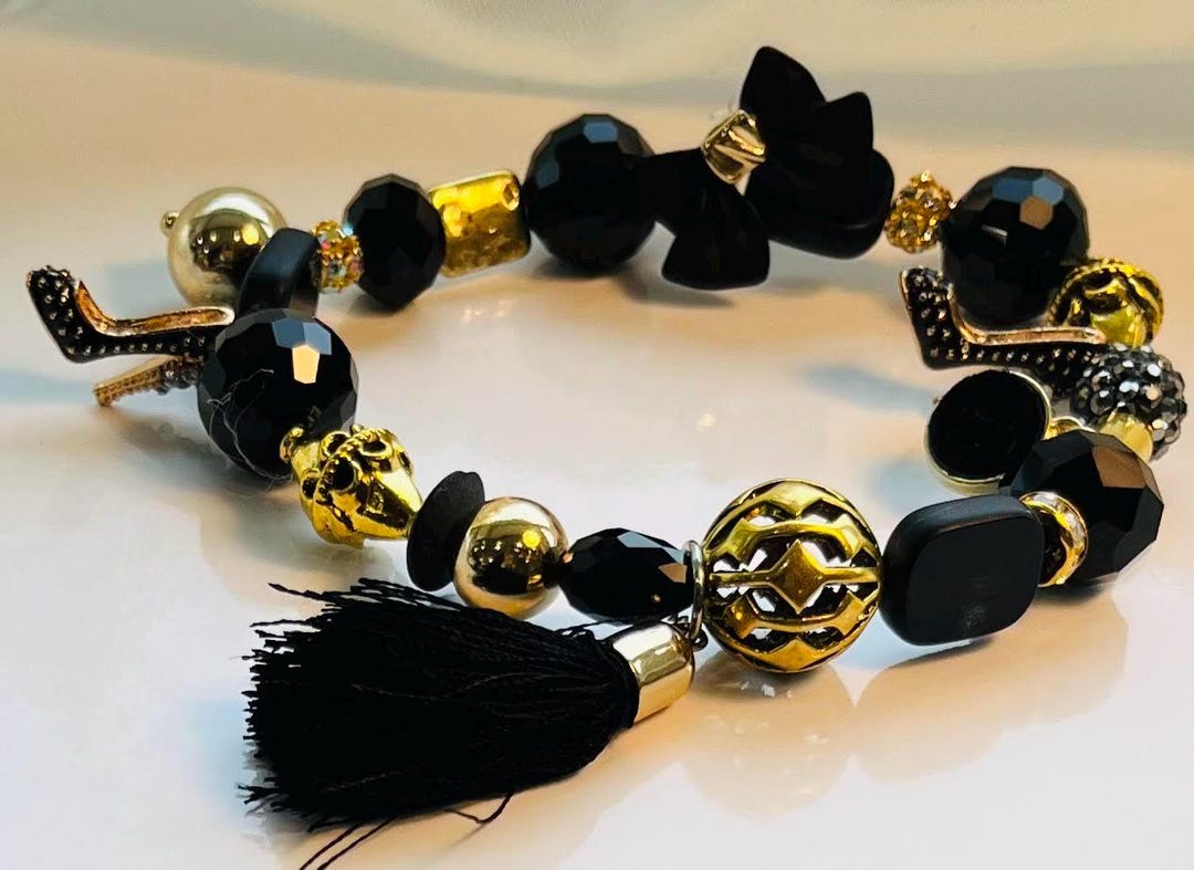 Chic 11 Black & Gold Bracelet With Filigree Beads, Darling Bow and High ...