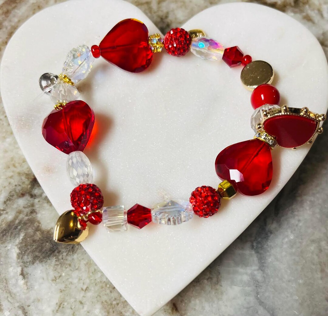 10" Bracelet Featuring Large Red Crystal Hearts, a Red Heart Charm ...