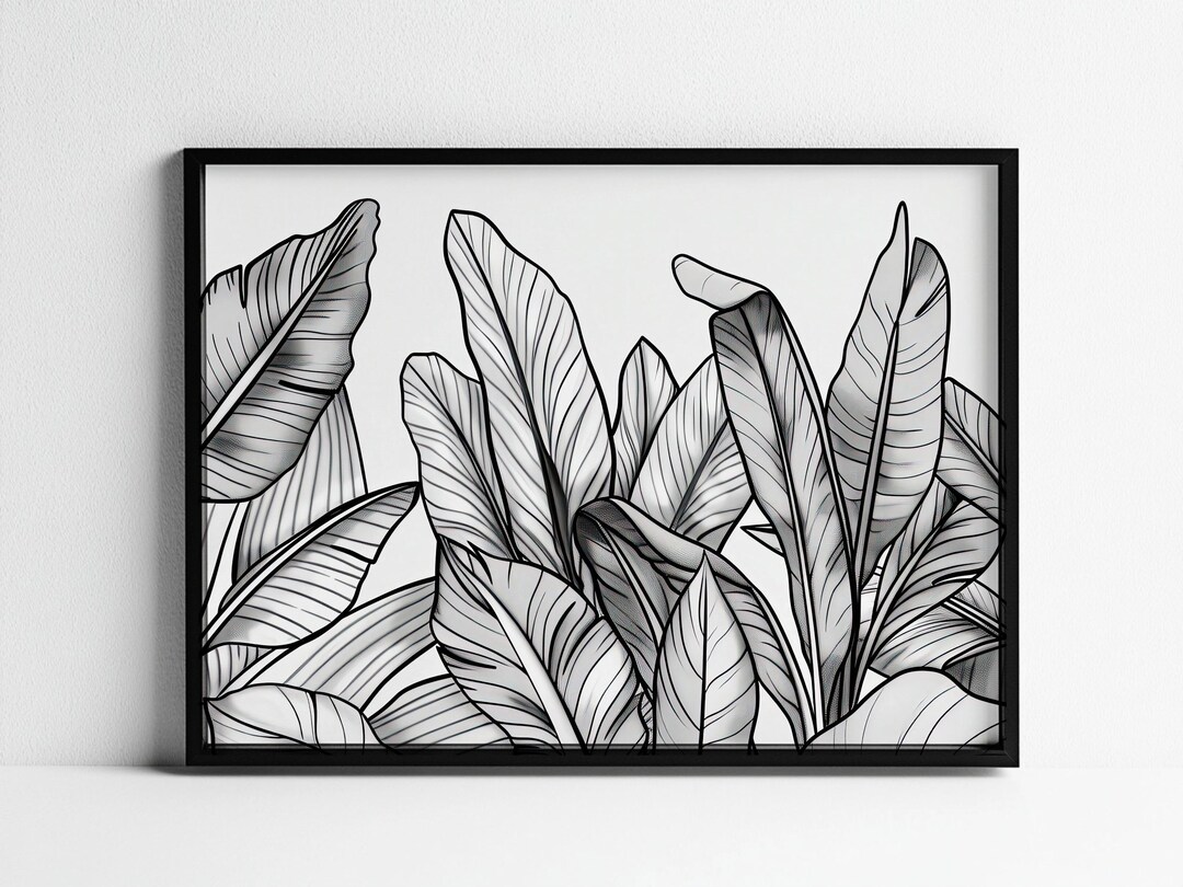 Tropical Plants Black and White Line Art Digital Art Download. Living ...