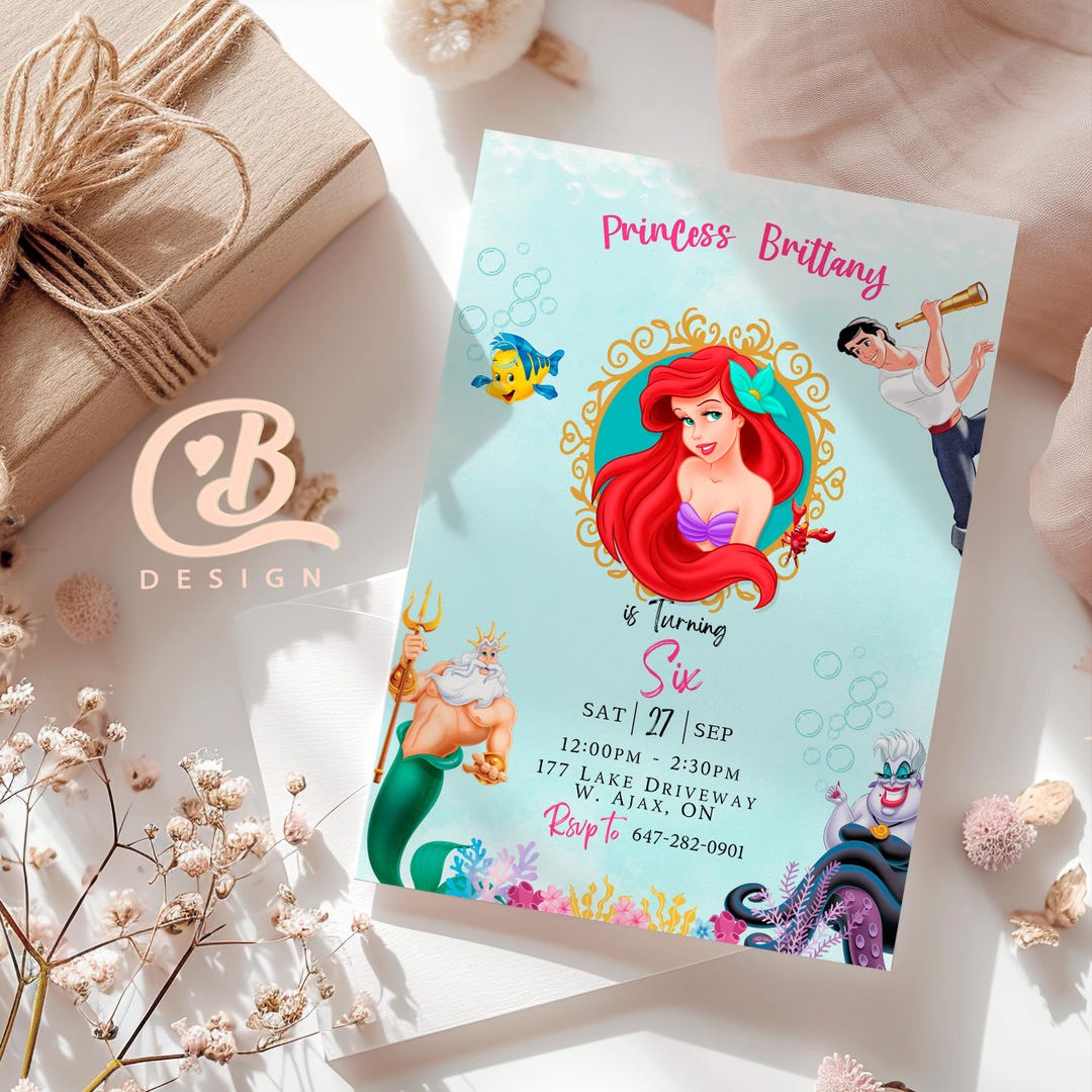 Ariel Birthday Invitation Template: Princess Party, 5x7 & Mobile ...