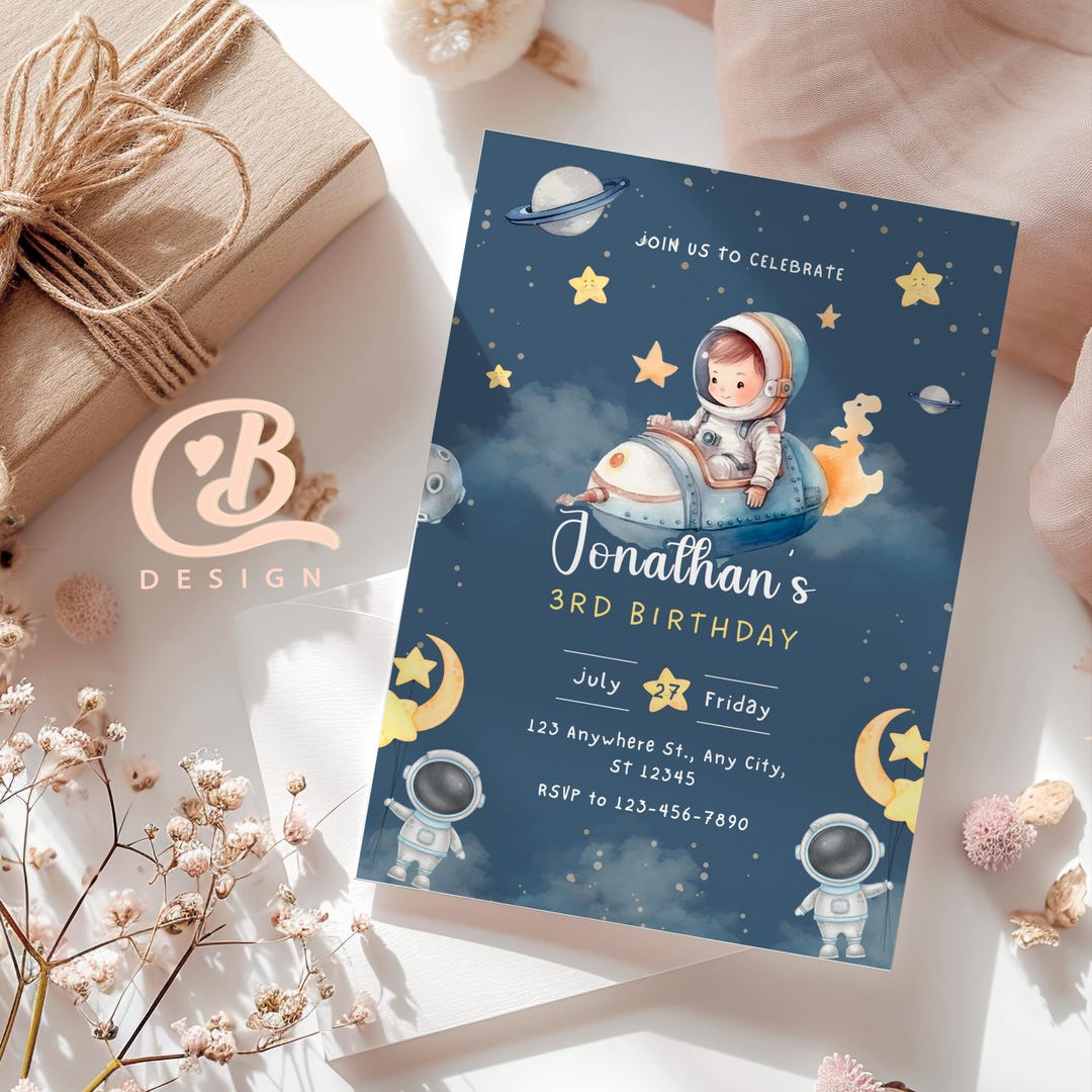 Editable Space Birthday Invitation Template: Astronaut Rocket Design ...