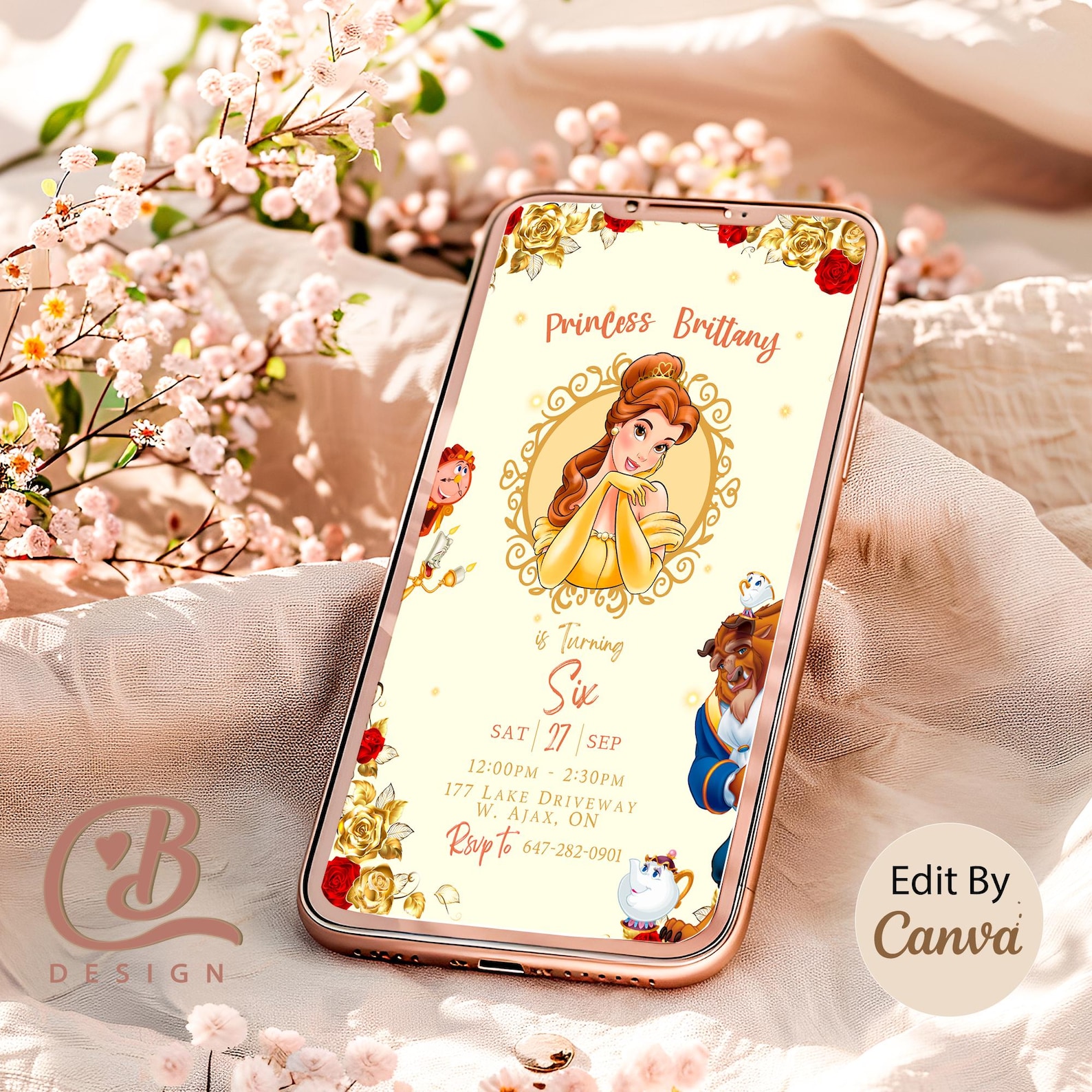 Princess Belle Birthday Invitation: Beauty and the Beast, Editable 5x7 ...