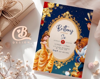 Princess Belle Birthday Invitation: Beauty and the Beast, Editable 5x7 ...