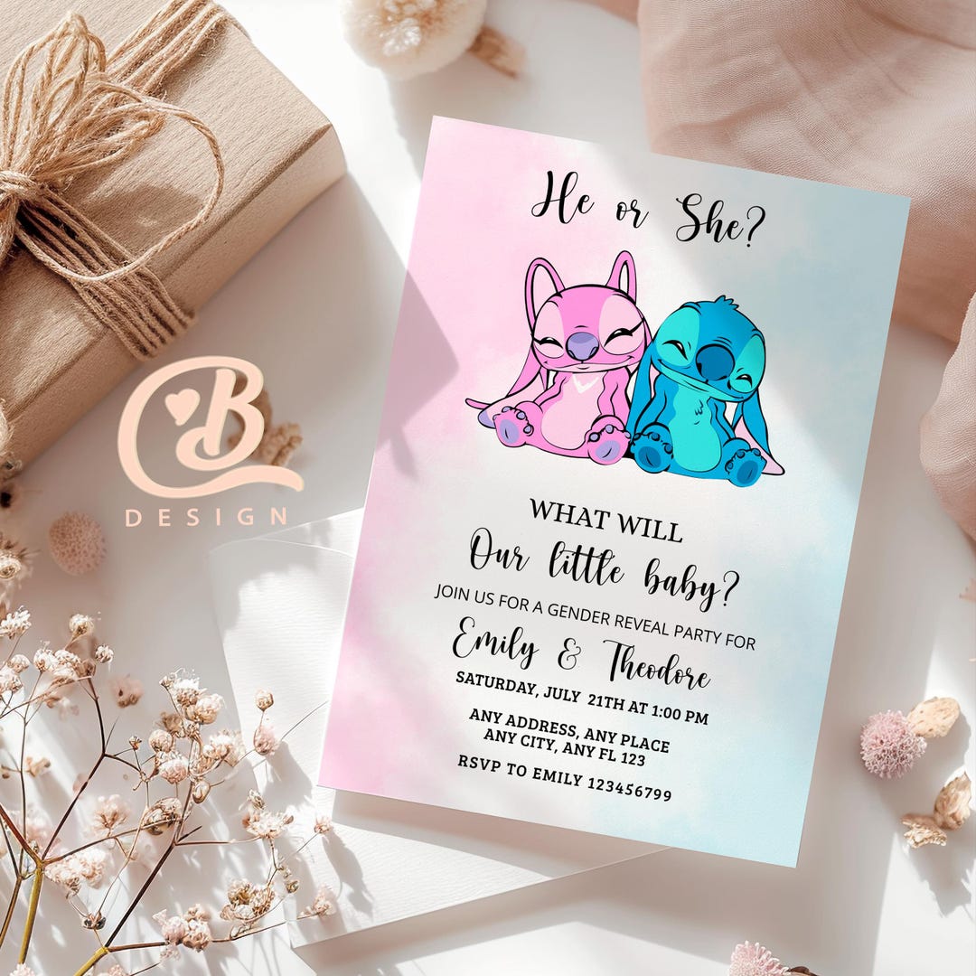 Stitch and Angel Gender Reveal Invitation Template, Editable Instant ...