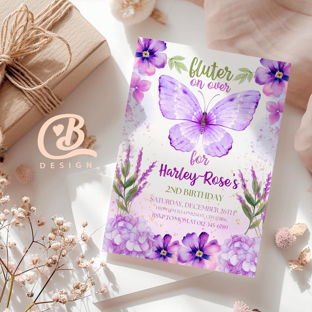 Purple Butterfly Birthday Invitation, Editable Canva Template (digital ...