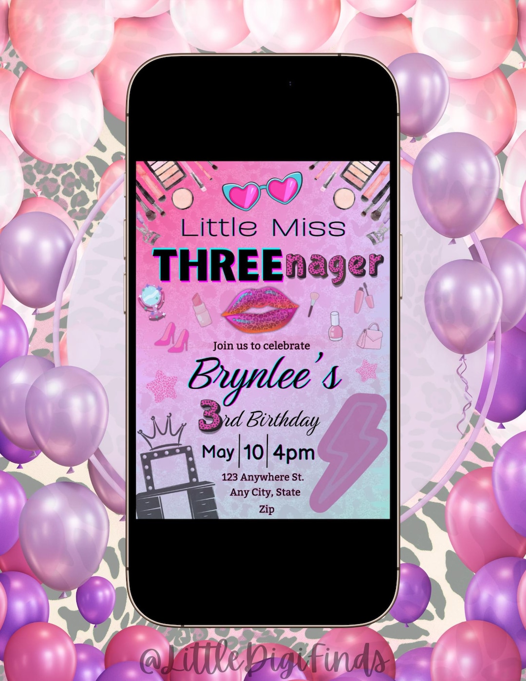 Little Miss Threenager Invitation 3rd Birthday Girl 3 Year Old Party ...