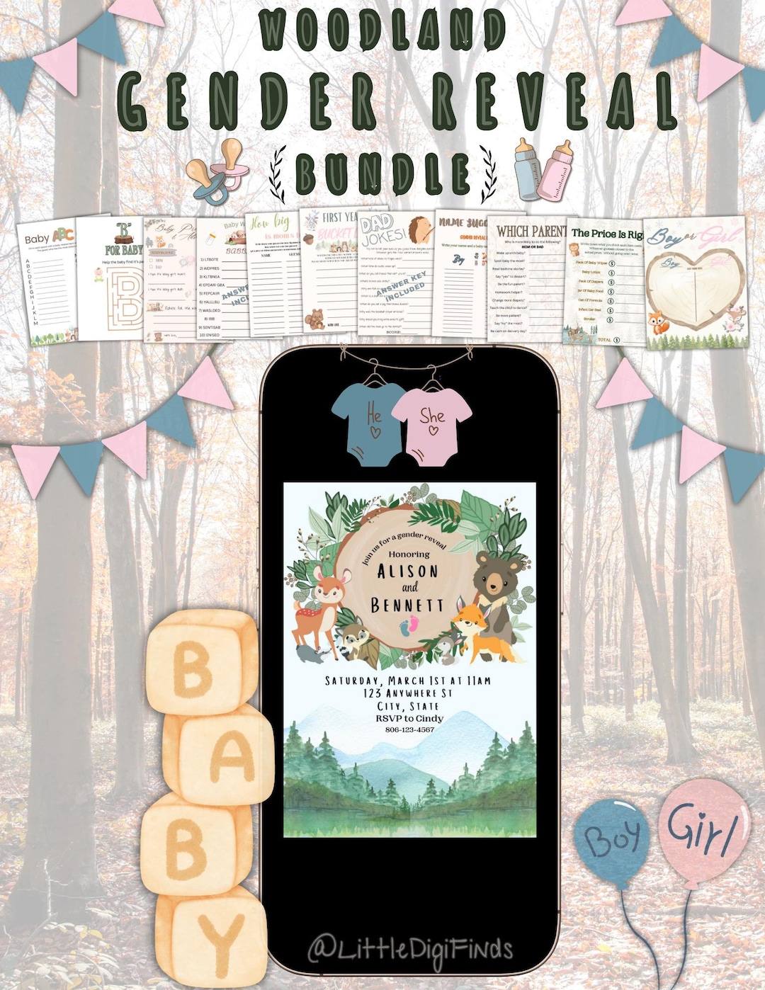 Woodland Gender Reveal Bundle | Gender Reveal Invitation | Gender ...