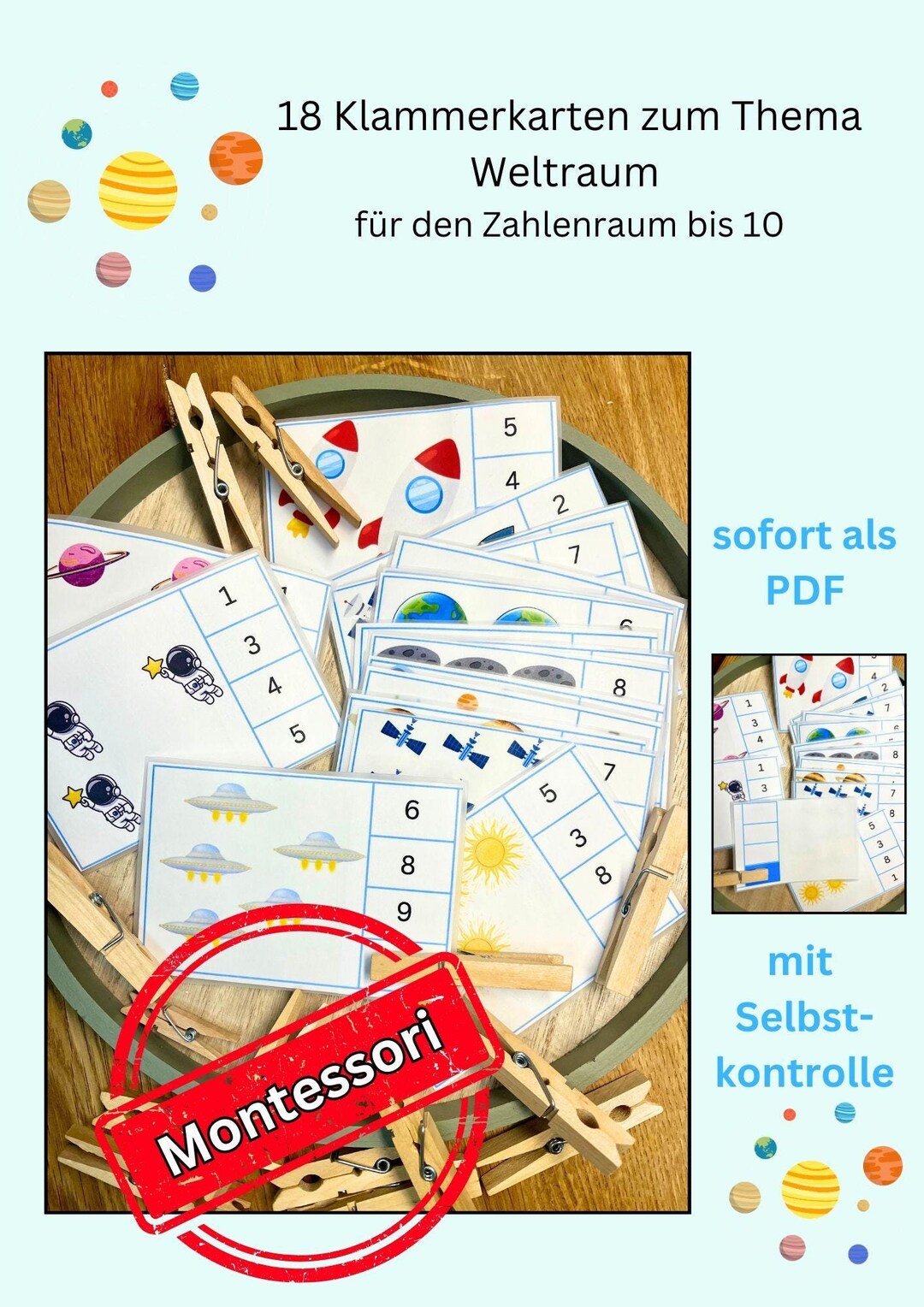 Montessori Learning Numbers With Space Clip Cards in the Number Range ...