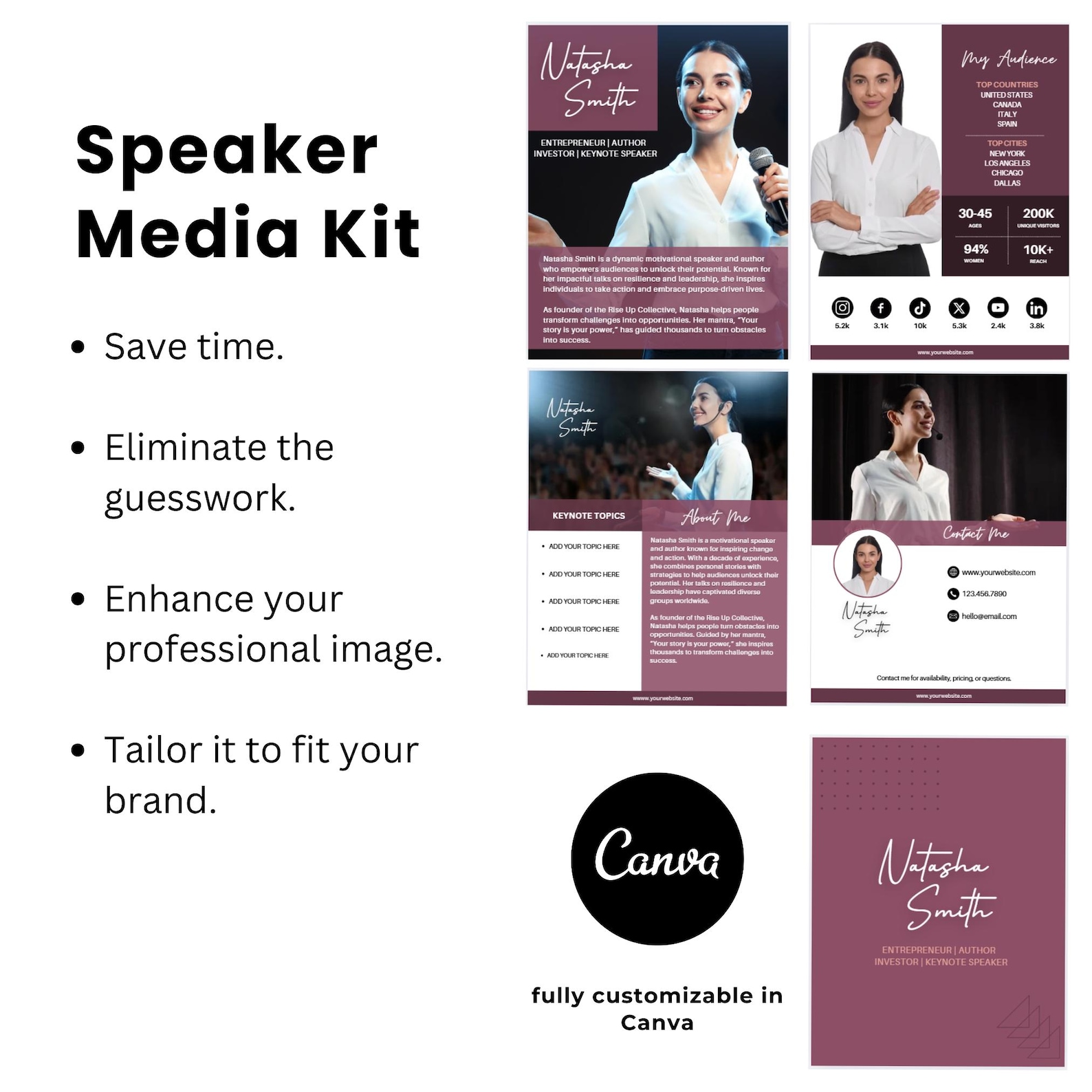 Speaker Media Kit Template, Speaker Sheet, Canva Media Kit for Keynote Speakers, Book Authors ...