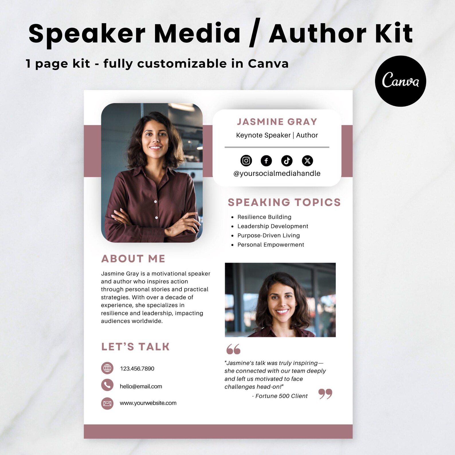 Speaker Media Kit Template, Speaker Sheet, Canva Media Kit for Keynote Speakers, Book Author ...