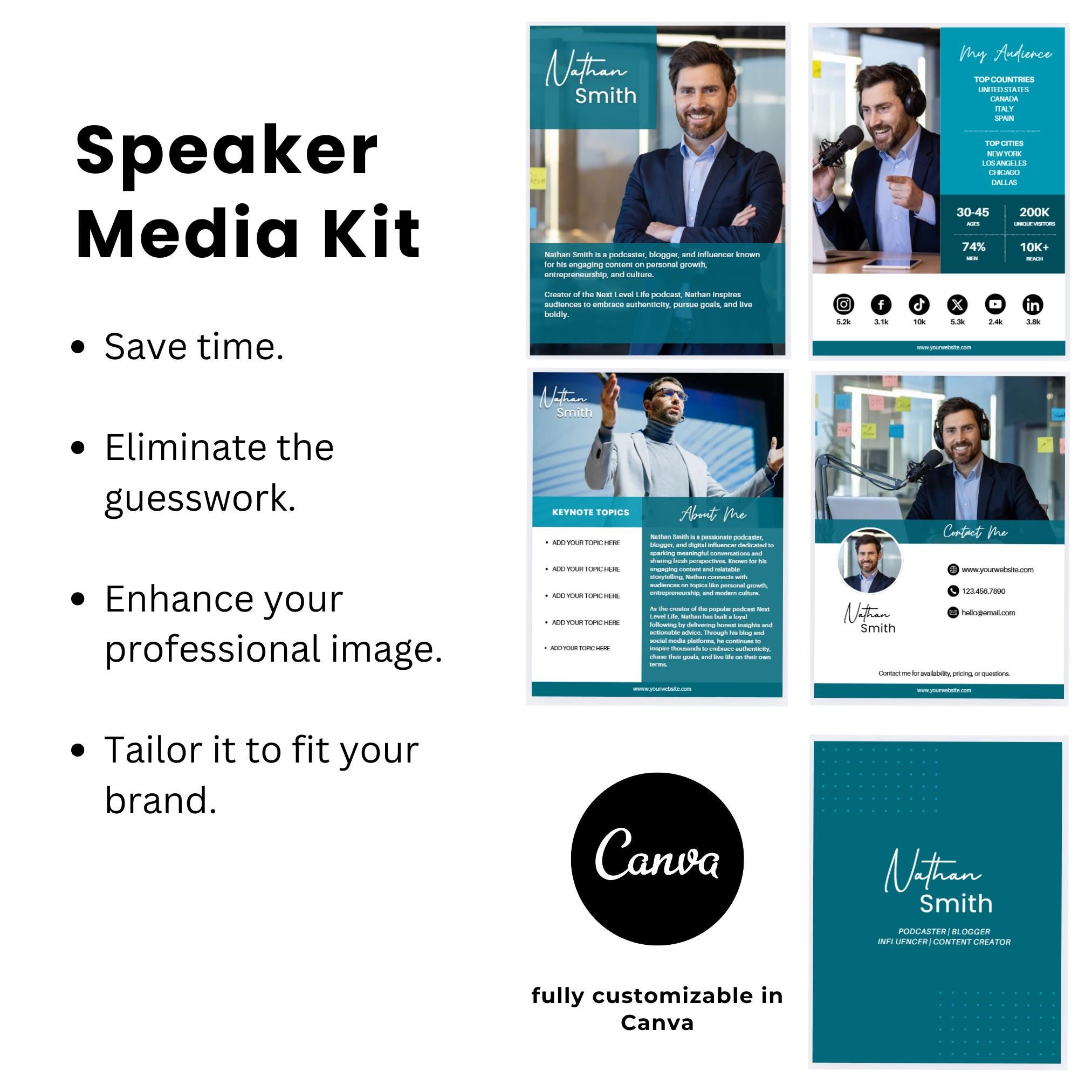 Speaker Media Kit Template, Speaker Sheet, Canva Media Kit for Keynote Speakers, Book Authors ...