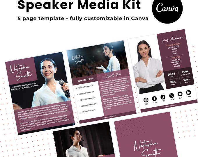 Speaker Media Kit Template, Speaker Sheet, Canva Media Kit for Keynote Speakers, Book Authors ...