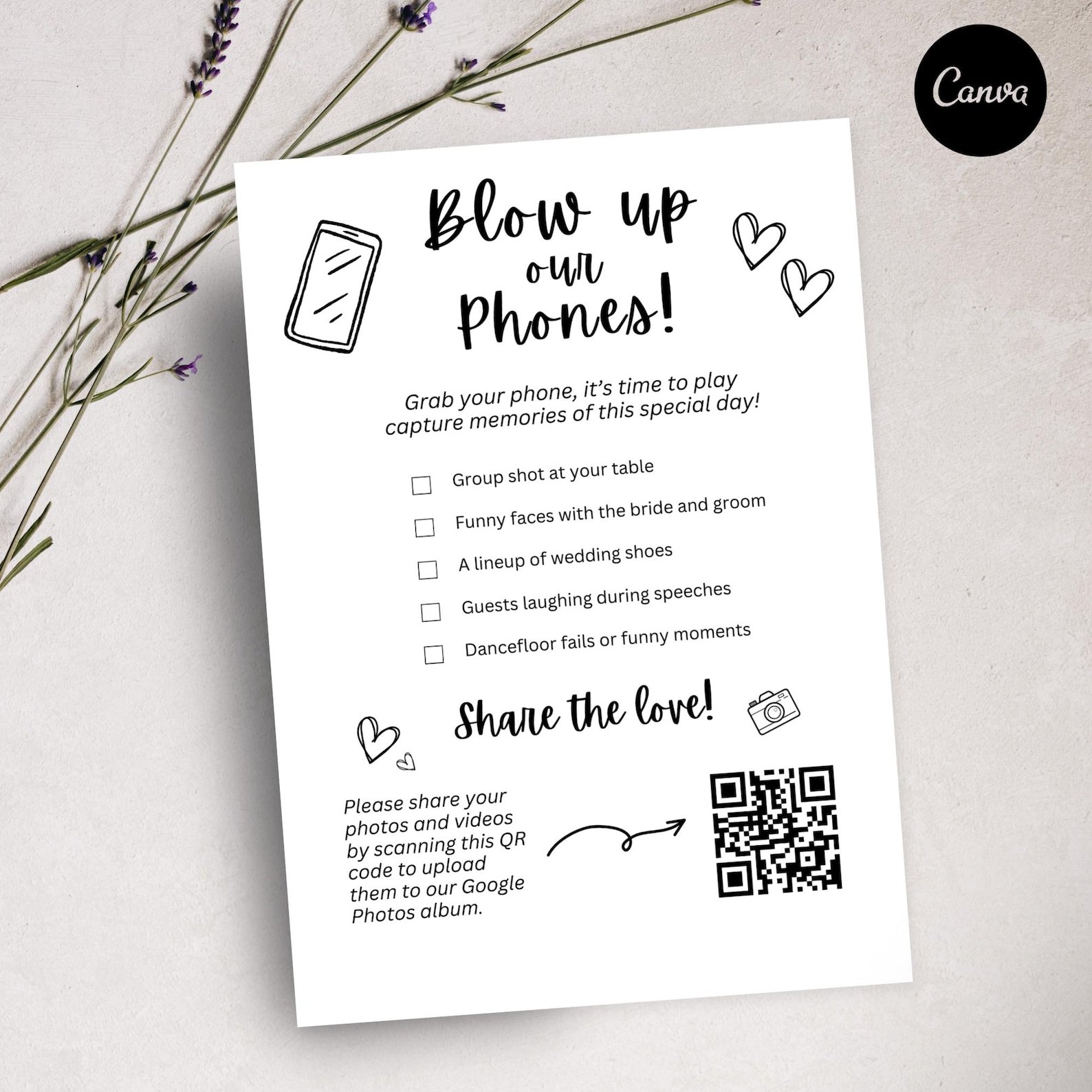 Blow up Our Phones, Photo Scavenger Hunt, Editable Wedding Game Card ...
