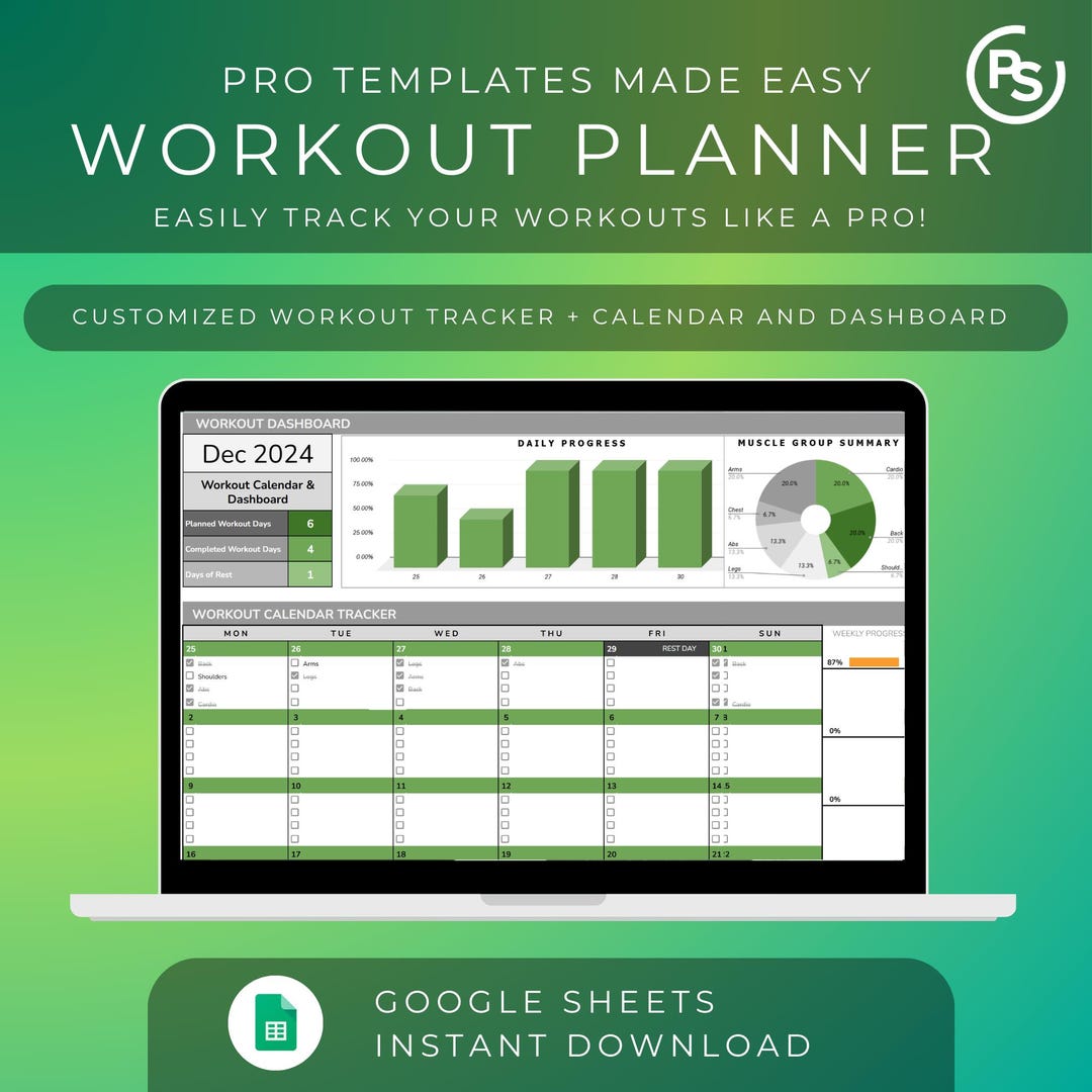 Workout Planner Google Sheets Spreadsheet Exercise Tracker Fitness Gym ...