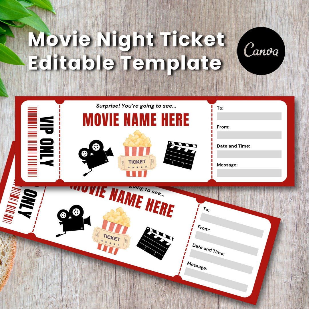 Editable Movie Ticket Template, Printable Gift (PDF) - Etsy