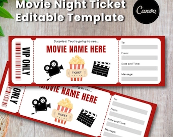 Editable Movie Ticket Template, Printable Gift (PDF) - Etsy