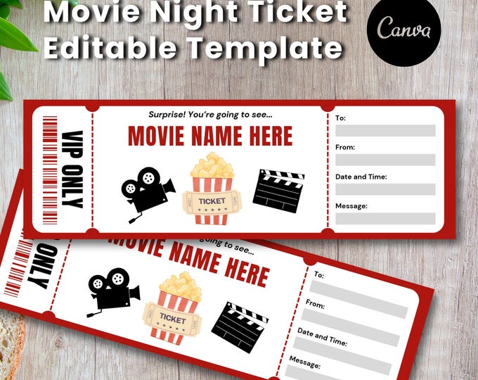 Editable Movie Ticket Template, Printable Gift (PDF) - Etsy