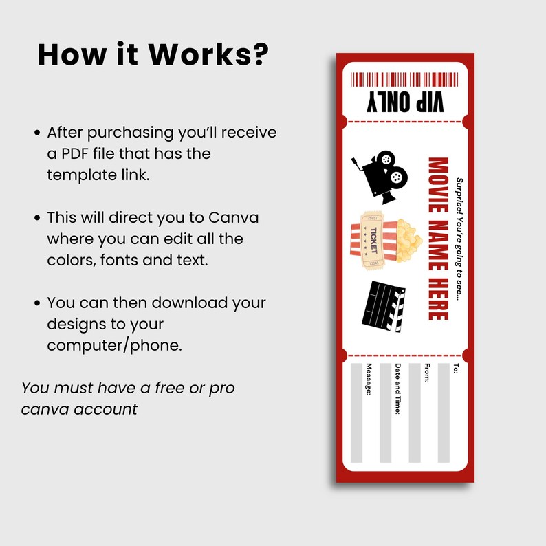 Editable Movie Ticket Template, Printable Gift (PDF) - Etsy