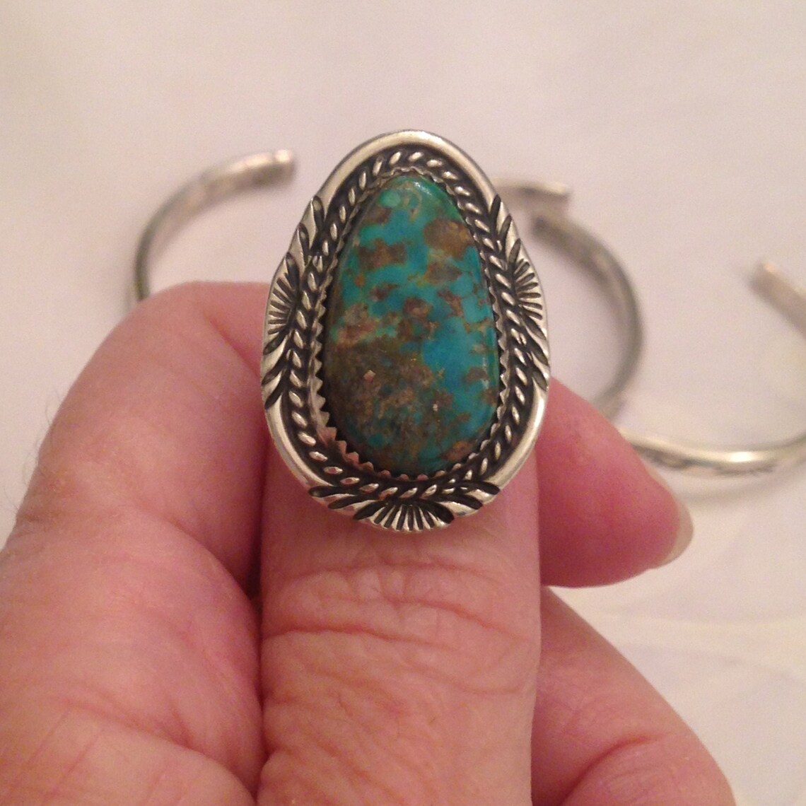 Large Turquoise Signed M Begay Ring Organic Teardrop Stone | Etsy