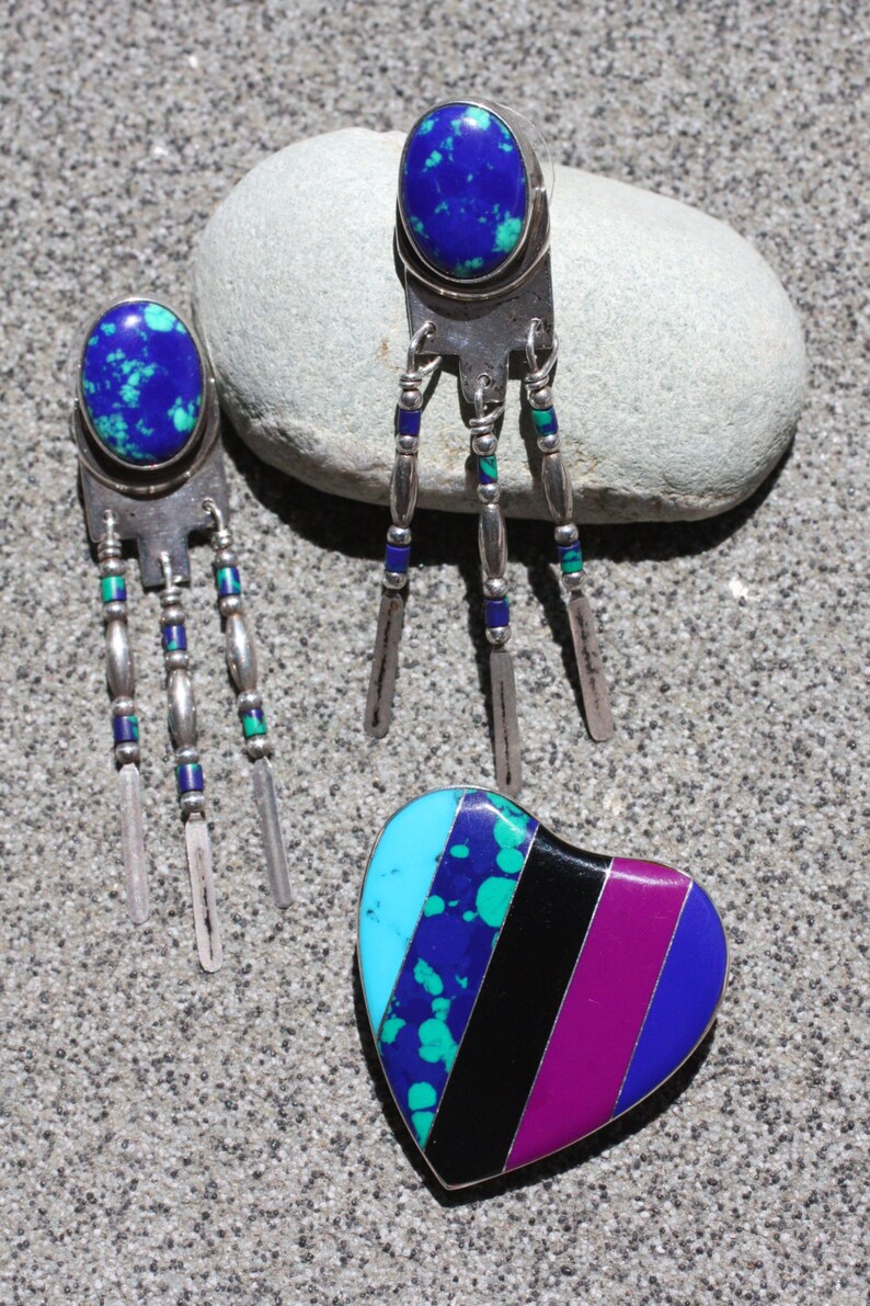 Inlay Heart Pendant Turquoise Multi-stone Signed Mexico 925 | Etsy