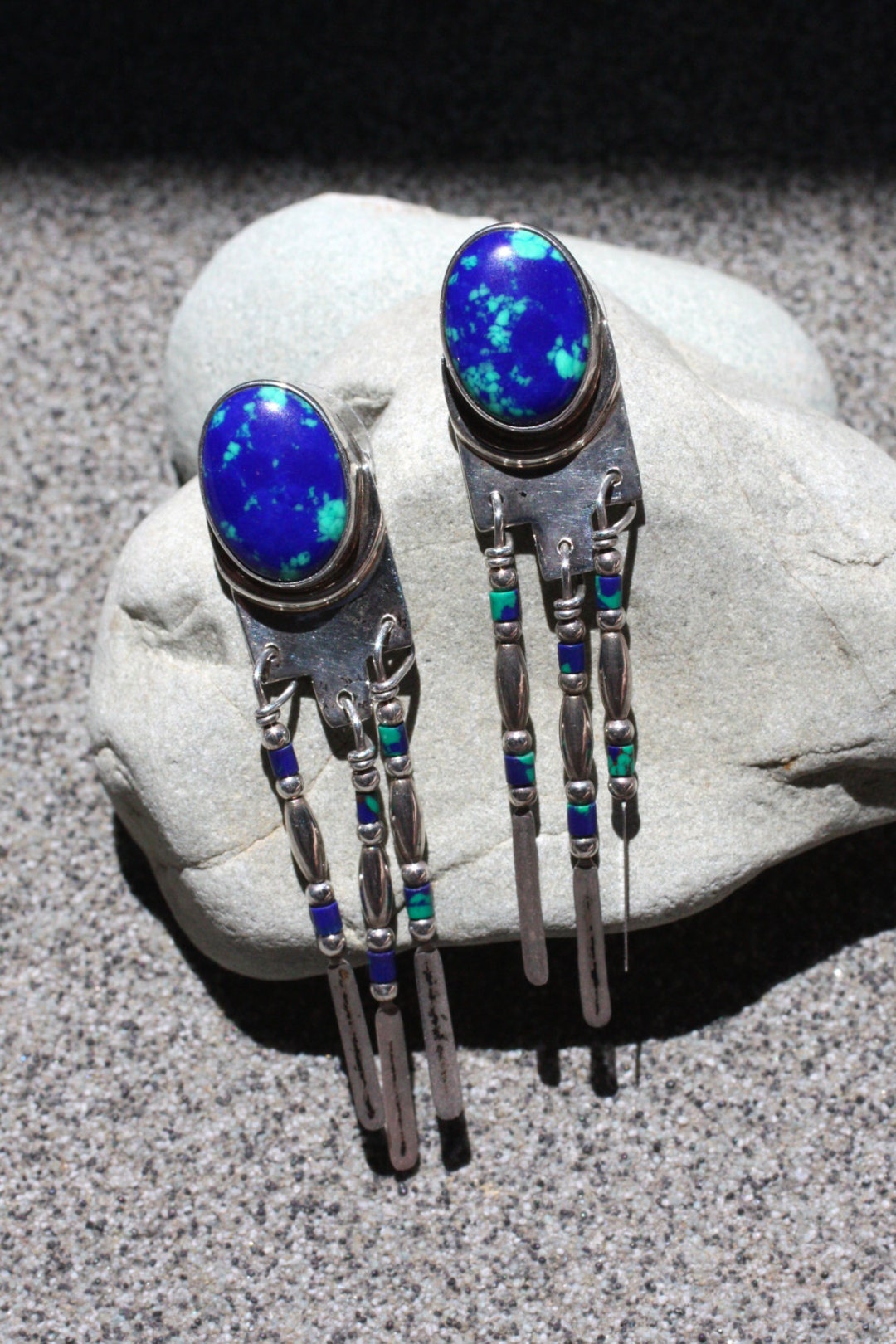 Native American Azurite Gemstone Sterling Dangle Earrings Artisan ...