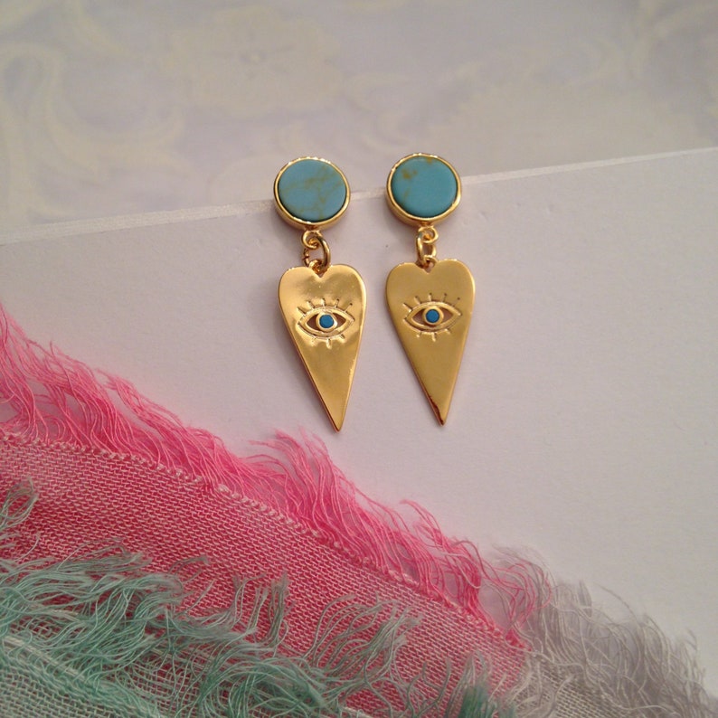 Heart Turquoise Evil Eye CZ Inlay Dangling Stud Earrings | Etsy
