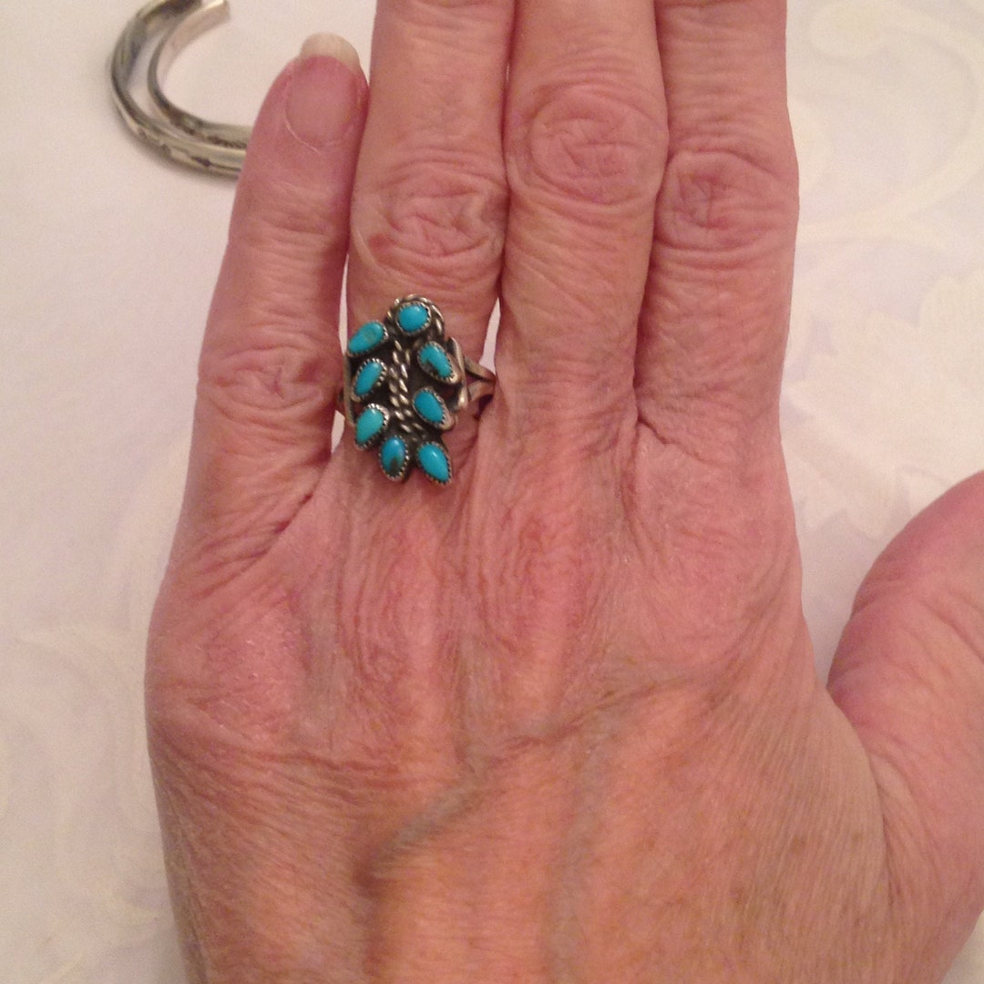 Zuni Turquoise Ring Silver Petit Point Teardrop Rich Turquoise Stones ...
