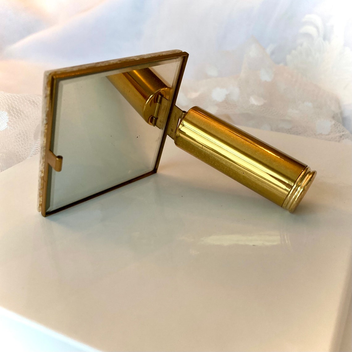 Vintage Bridal Folding Mirror Lipstick Holder Dainty Mother of Pearl ...