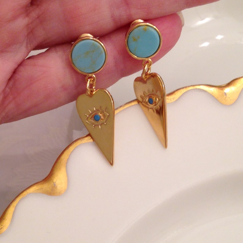 Heart Turquoise Evil Eye CZ Inlay Dangling Stud Earrings | Etsy