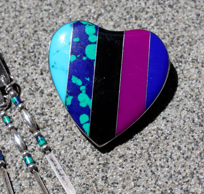 Inlay Heart Pendant Turquoise Multi-stone Signed Mexico 925 | Etsy